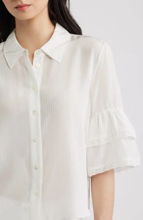 FRAME Lace Trim Ruffle Sleeve Silk Button-up Top