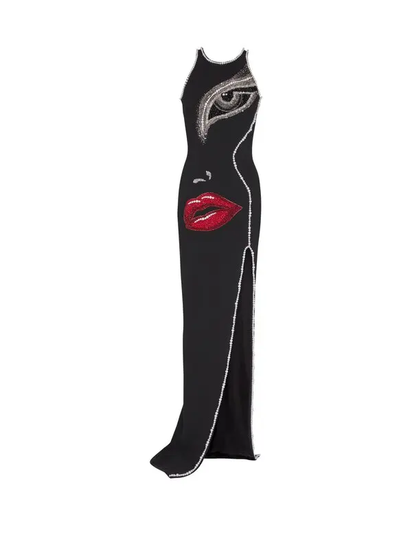 Balmain Long Embroidered Dress With Face Motif - Black