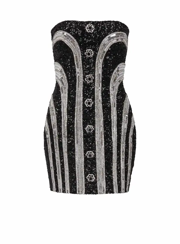Balmain Embroidered Bustier Stripe Short Dress - Black
