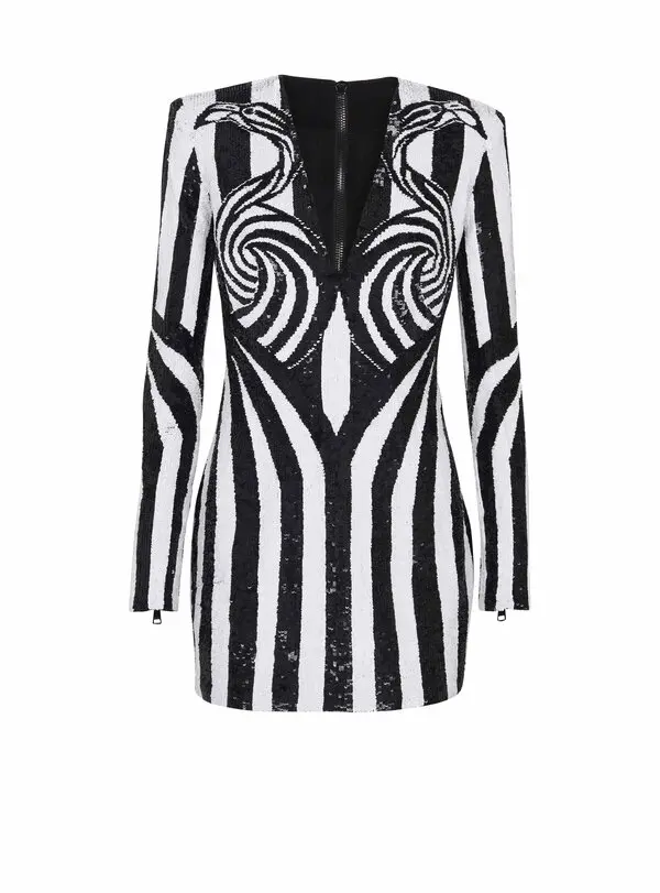 Balmain Ls Embroidered Stripe Short Dress - Black