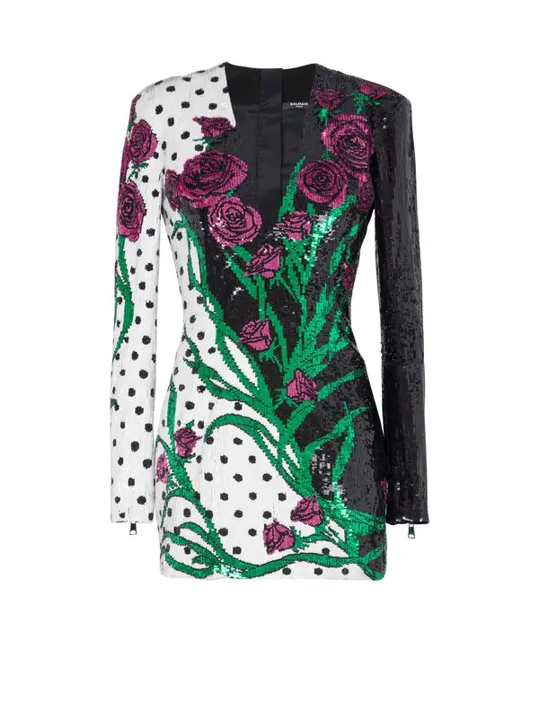 Balmain Short Embroidered Roses And Polka Dots Dress - Multicolor