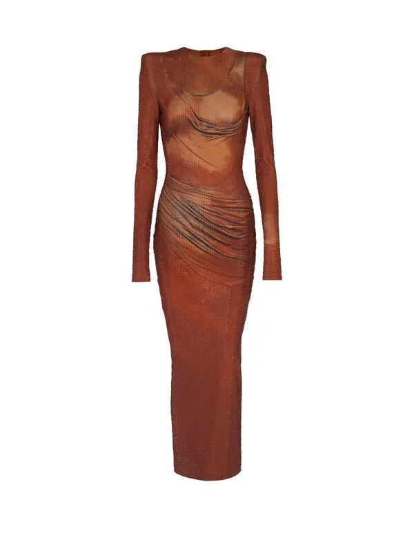 Balmain Printed Long Rhinestone Dress - Brown