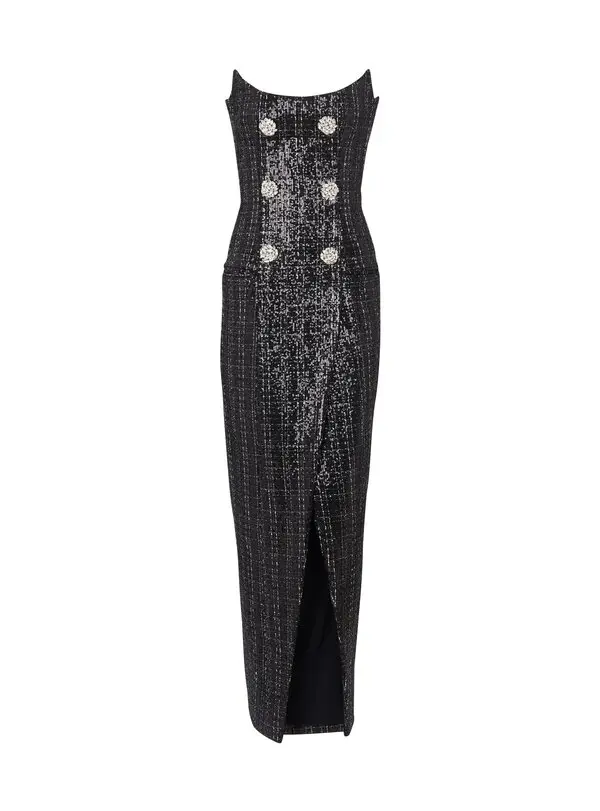Balmain Strapless Long Tweed Dress With Glitter - Black
