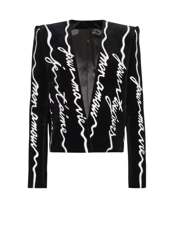 Balmain Cropped Velvet Jacket With All-over "love Letter" Embroidery - Black