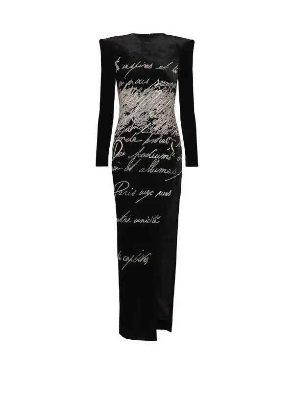 Balmain Long-sleeve Love Letter Embroidered Slit Maxi Dress - Black