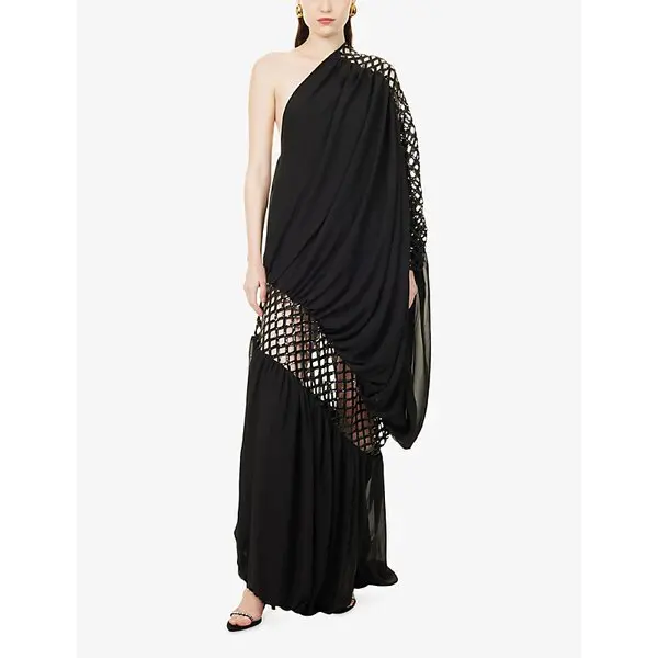 DIMA AYAD One Shoulder Sequin Lattice Maxi Dress