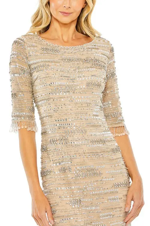 Mac Duggal Short Sleeve Beaded Evening Gown With Fringe And Slit