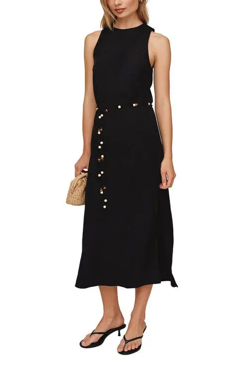 Bella Dahl Beaded Tie Belt Bias Cut Linen Blend Midi Dress - Black