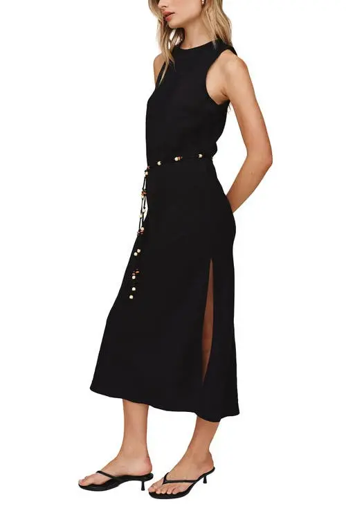 Bella Dahl Beaded Tie Belt Bias Cut Linen Blend Midi Dress