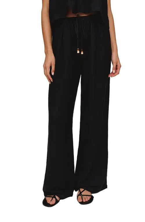 Bella Dahl Beaded Drawstring Linen Blend Wide Leg Beach Pants - Black