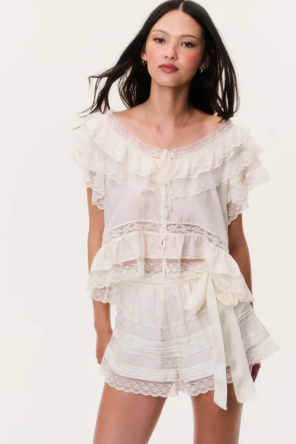 LoveShackFancy Emanuela Silk Lace Shorts - Ivory