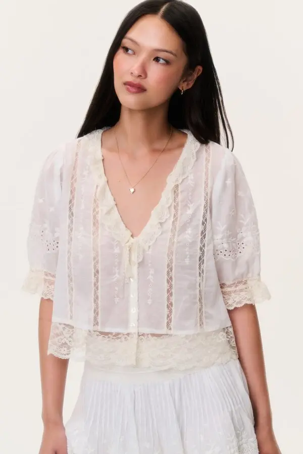 LoveShackFancy Maurelle Cotton Lace Blouse - Ivory