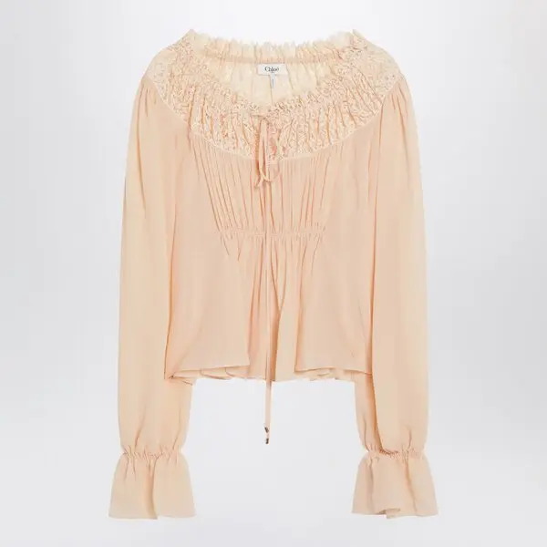 Chloé Silk Georgette Blouse With Lace Collar And Drawstring Front - Pink