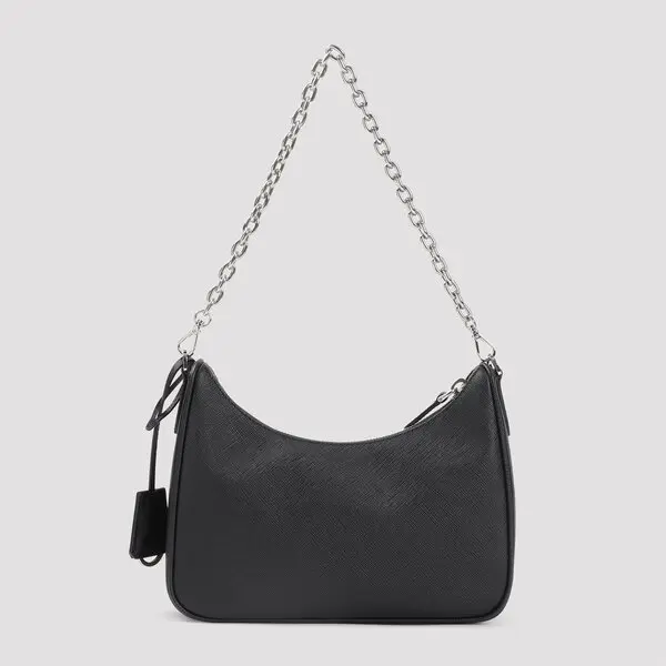 Prada Saffiano Leather Shoulder Bag With Chain Strap And Detachable Pouch - Black