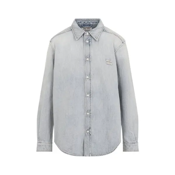Miu Miu Denim Shirt With Embroidered Logo - Blue