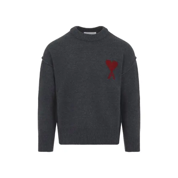 AMI Paris Wool Crewneck Sweater With Red Logo Inlay - Gray