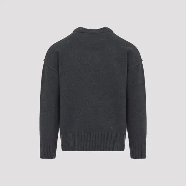 AMI Paris Wool Crewneck Sweater With Red Logo Inlay - Gray