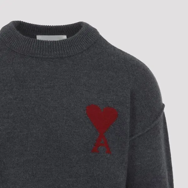 AMI Paris Wool Crewneck Sweater With Red Logo Inlay - Gray