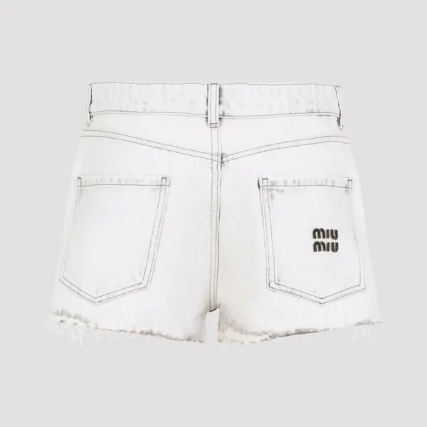 Miu Miu Bleached Cotton Denim Shorts With Raw Edge Hem - White