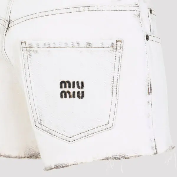 Miu Miu Bleached Cotton Denim Shorts With Raw Edge Hem - White