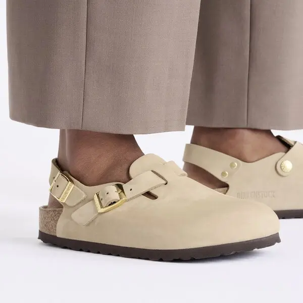 BIRKENSTOCK Tokio Nubuck Leather Clogs With Buckle Detailing - Sandcastle