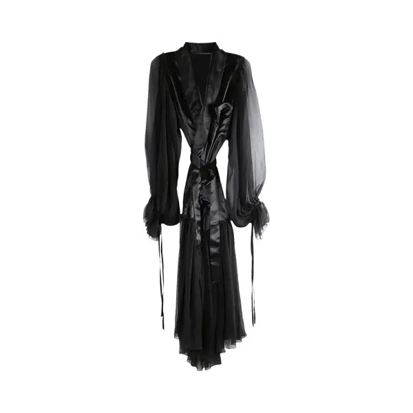 ANN DEMEULEMEESTER Silk Voile Creponne Ruffle Contrast Iria Fluid Robe Dress - Black