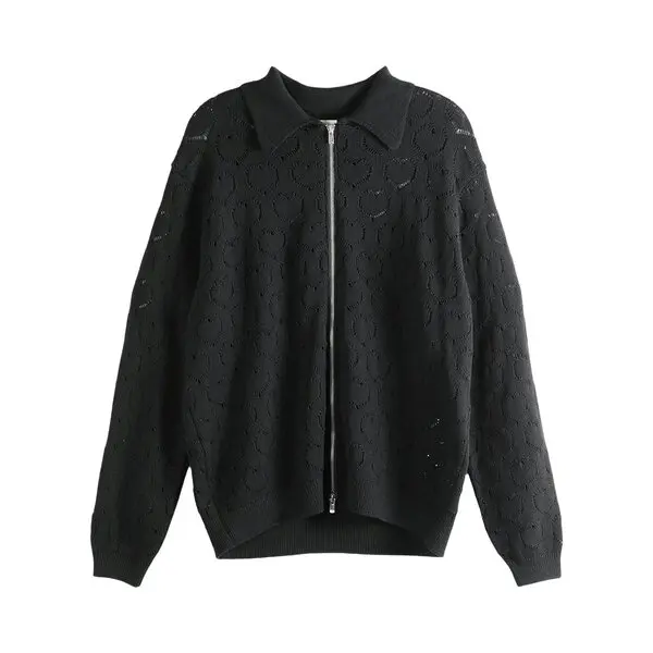 VOWELS Eyelet Knitted Zip Up - Black