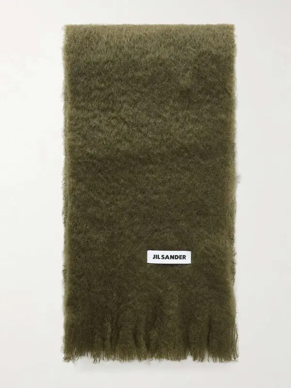 JIL SANDER Fringed Mohair And Wool-bend Scarf - Dark Green