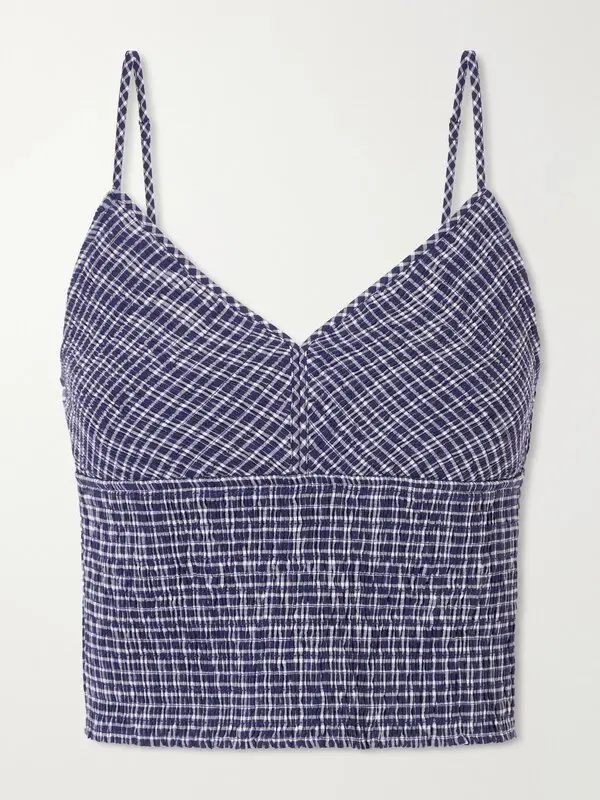 LA LIGNE Anora Smocked Striped Stretch-knit Cotton-blend Top - Blue