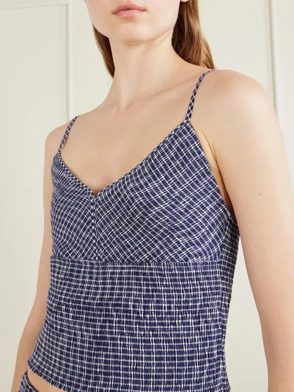 LA LIGNE Anora Smocked Checked Cotton-blend Camisole