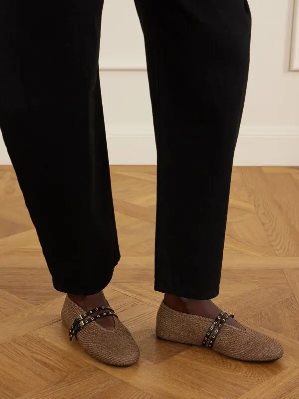 Alaïa Raffia Ballet Flats With Leather Straps