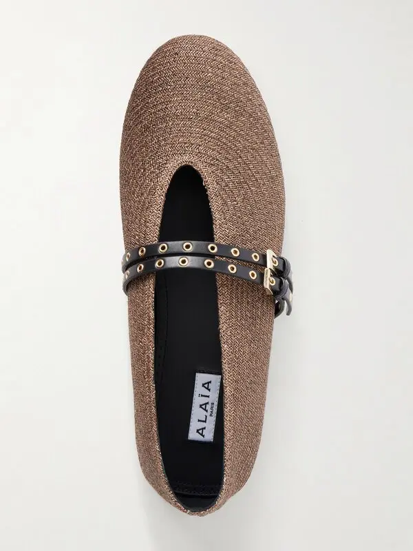 Alaïa Raffia Ballet Flats With Leather Straps