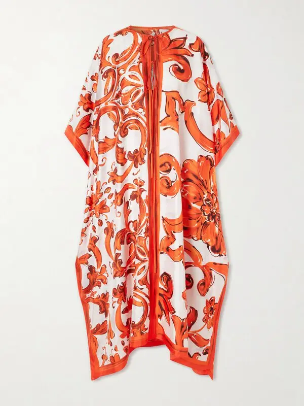 Dolce & Gabbana Maiolica Print Silk Maxi Kaftan Dress - Orange