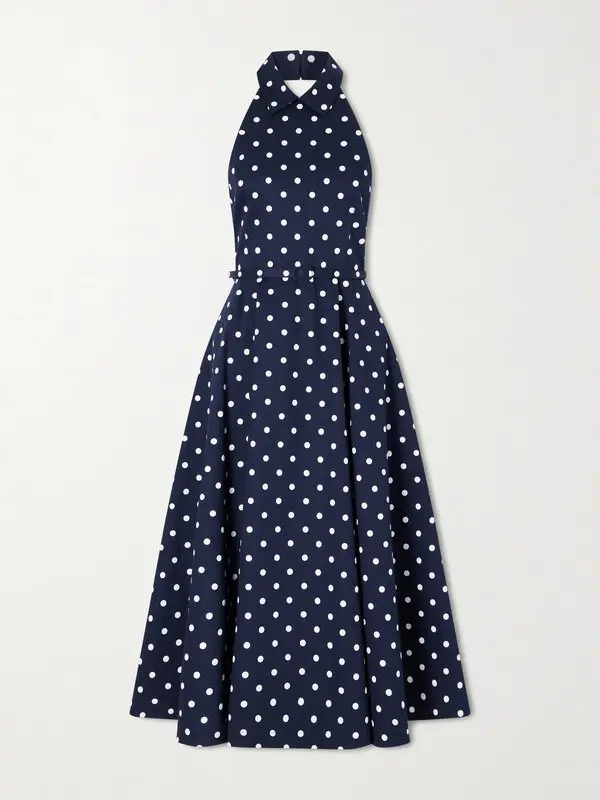 Carolina Herrera Belted Halter-neck Polka-dot Cotton-blend Twill Midi Dress - Blue