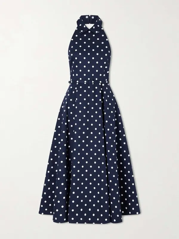 Carolina Herrera Belted Halter-neck Polka-dot Cotton-blend Twill Midi Dress - Navy