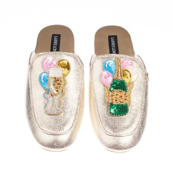 LAINES LONDON Classic Mules With Birthday Bubbles Brooches - Gold