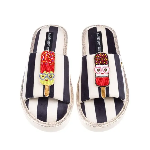 LAINES LONDON Black / White Flatform Stripe Open Toe Slippers With Cute Ice Lolly Brooches Black & White - Black/white
