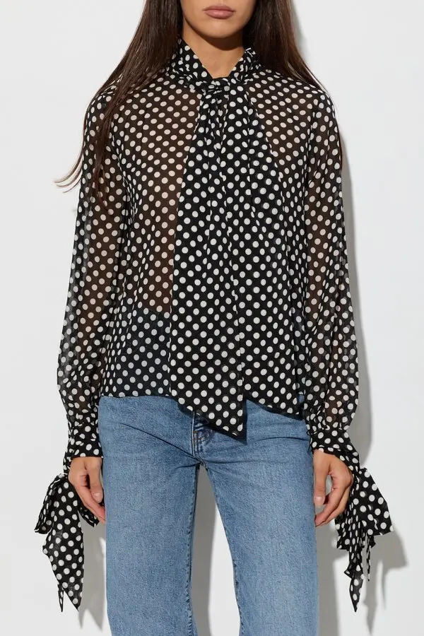 FRAME Silk Polka Dot Blouse With Decorative Tie Detail