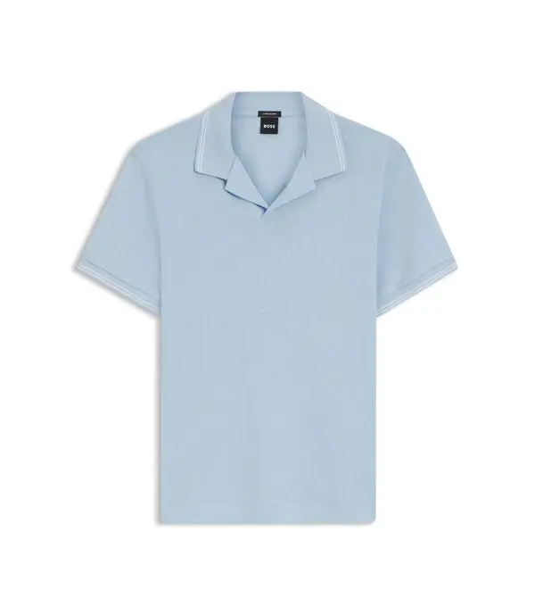 BOSS Johnny-collar Polo Shirt In Cotton And Linen - Light Blue