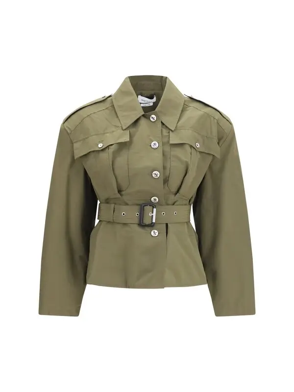 Alexander McQueen Cropped Belted High-neck Jacket - Green