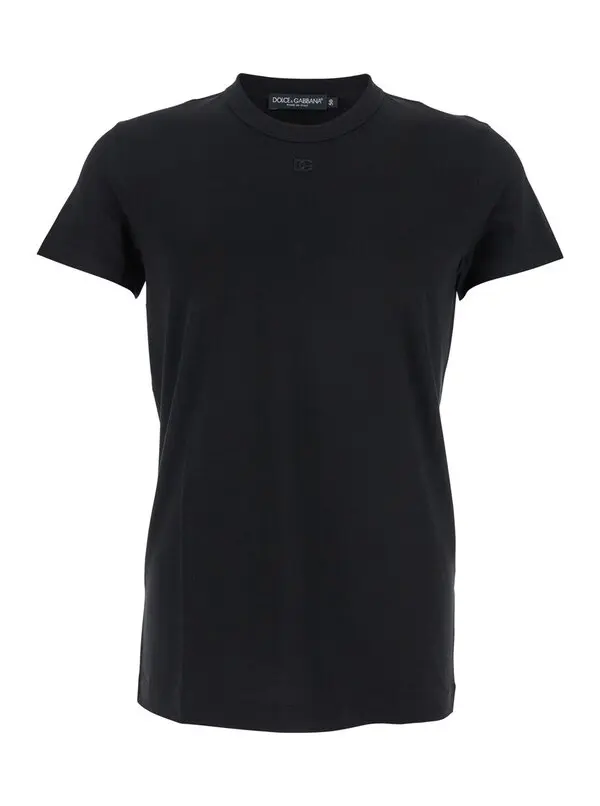 Dolce & Gabbana Crewneck T-shirt With Tonal Logo Lettering Embroidery On The Front In Cotton Stretch - Black