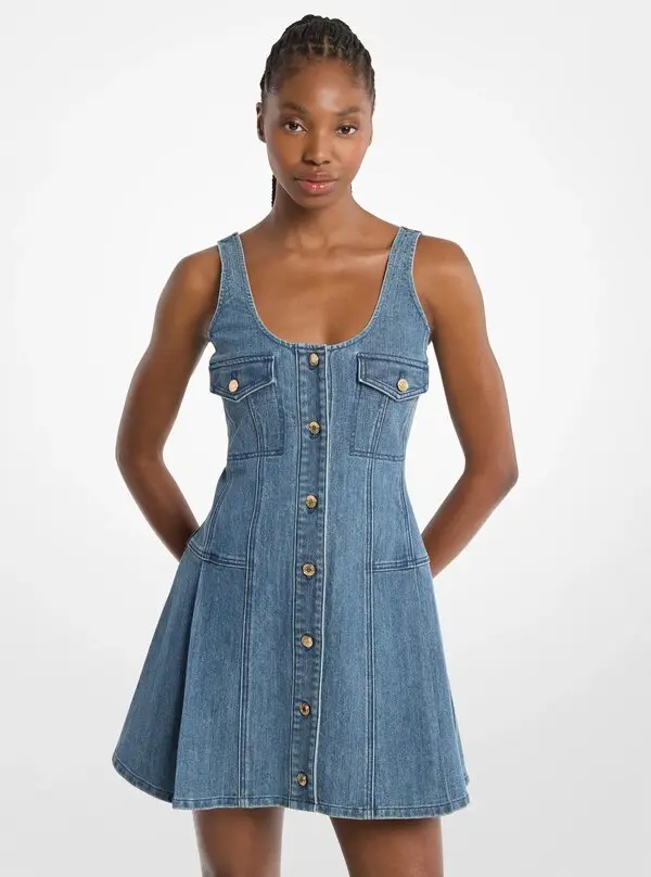 Michael Kors Pleated Denim Mini Dress - Blue