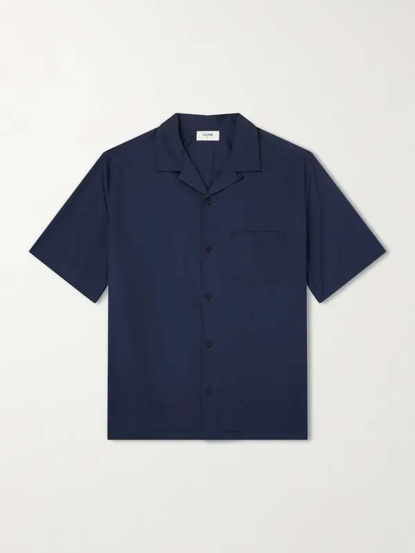 Celine Camp-collar Triomphe-embroidered Cotton-poplin Shirt - Navy