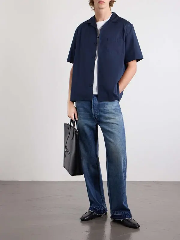 Celine Camp-collar Triomphe-embroidered Cotton-poplin Shirt - Navy