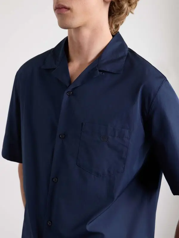 Celine Camp-collar Triomphe-embroidered Cotton-poplin Shirt - Navy