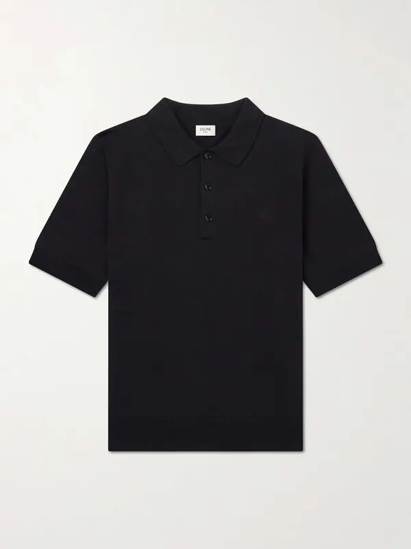 Celine Triomphe-embroidered Knitted Silk And Cotton-blend Polo Shirt - Black