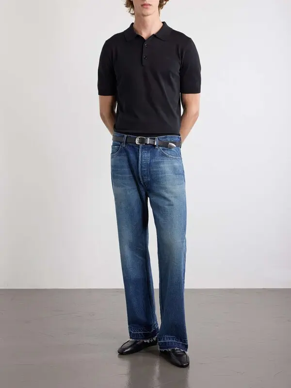 Celine Triomphe-embroidered Knitted Silk And Cotton-blend Polo Shirt