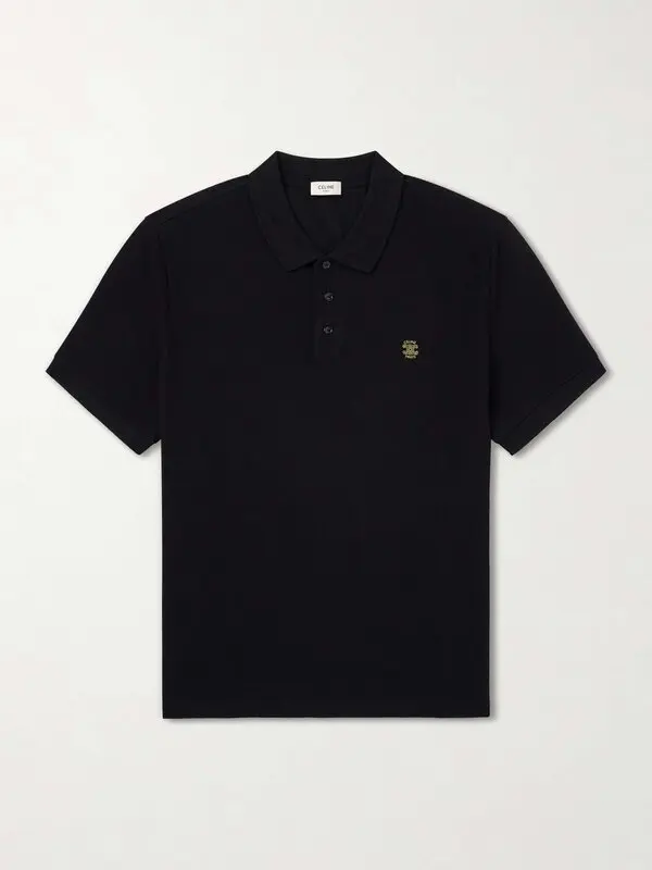 Celine Triomphe-embroidered Cotton-piqué Polo Shirt - Black