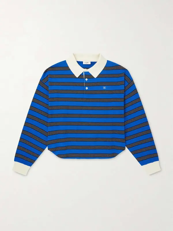 Celine Triomphe-embroidered Striped Cotton Polo Shirt - Blue