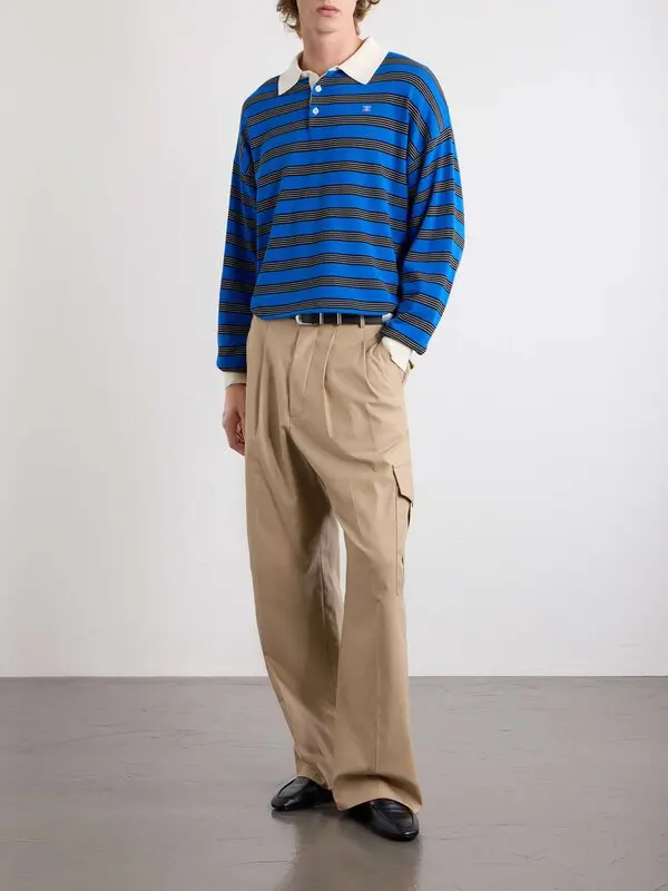 Celine Triomphe-embroidered Striped Cotton Polo Shirt